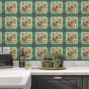 Folk Art Floral Design Ceramic Tile Multi Colored Kitchen Tile ...
