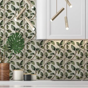 Green Leaves Botanical Ceramic Tile Patterned Kitchen Backsplash Tile ...