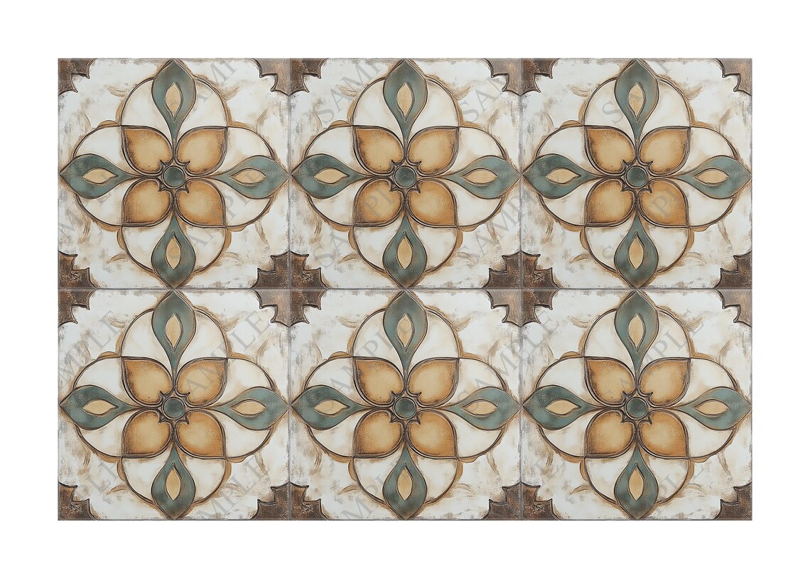 Sage Green Tan Ceramic Tile Antique Pattern Green Tan Kitchen ...