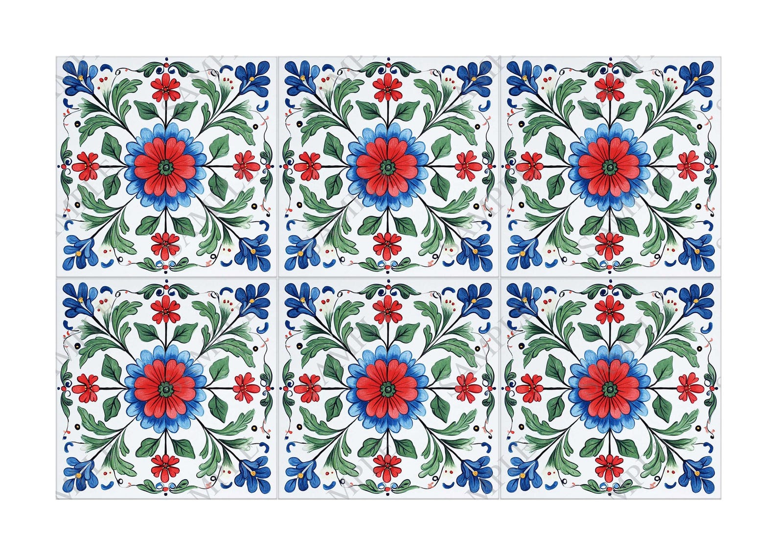 Blue Red Green Floral Ceramic Tile - Vintage Floral Design Tile Ceramic ...