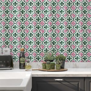 Pink and Green Patterned Ceramic Tile - Vintage Moroccan Tile Design ...