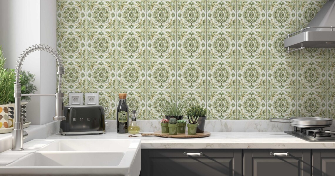 Light Green Ceramic Tile Vintage Design Tile - Light Green Kitchen ...