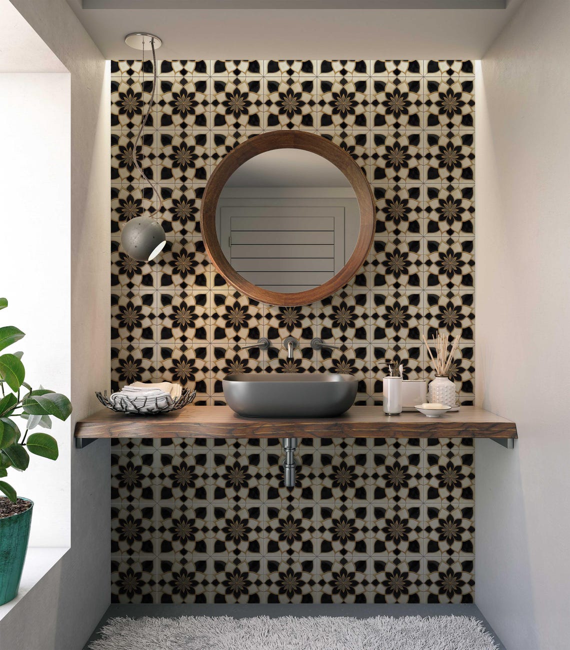 Black Patterned Ceramic Tile - Vintage Design Tile Design - Kitchen ...