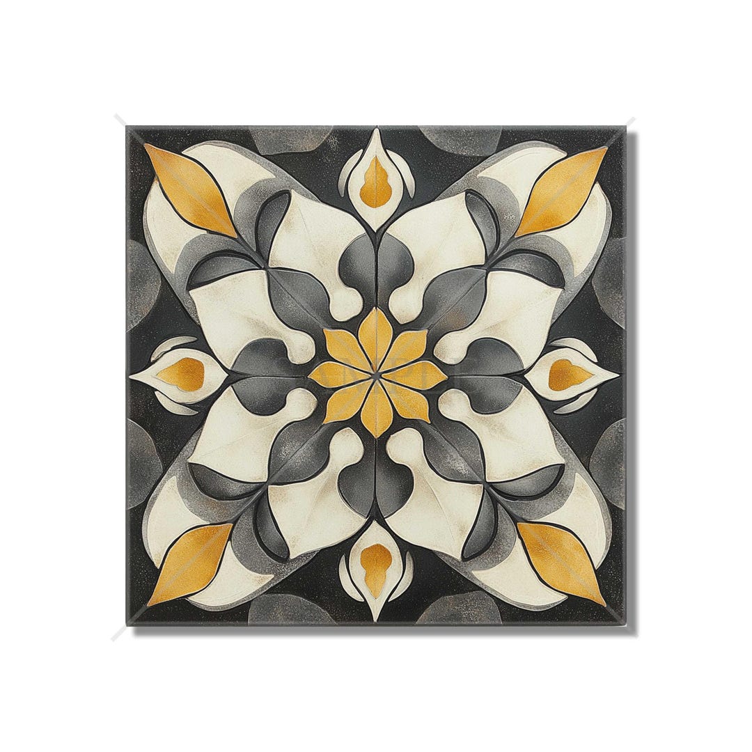 Grey and Gold Ceramic Tile - Vintage Moroccan Design Tile - Unique Grey ...