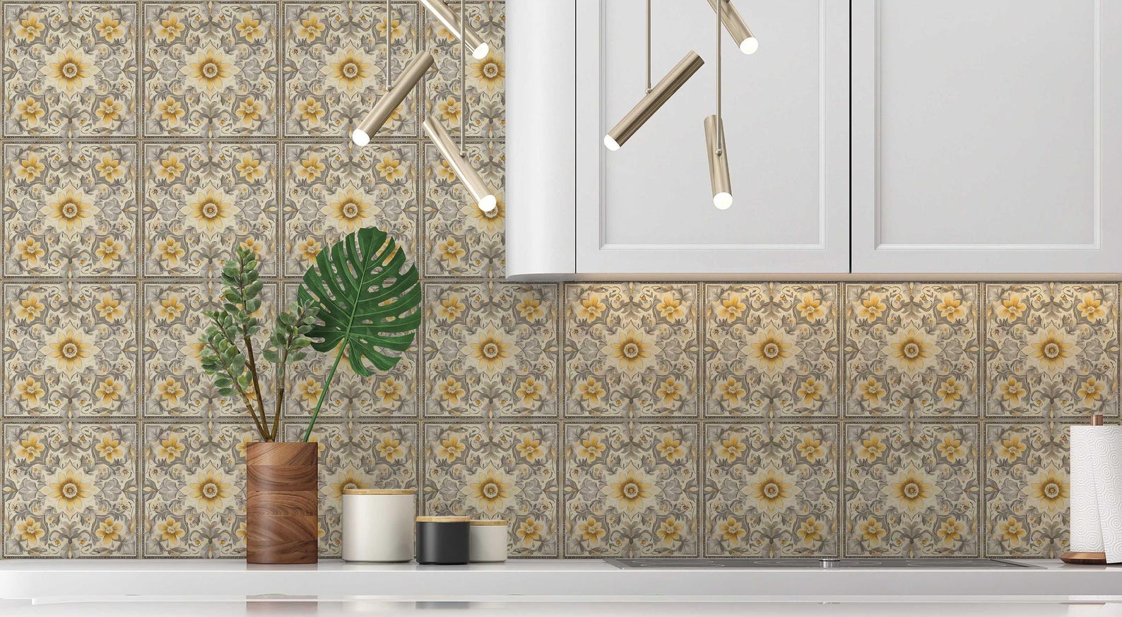 Yellow and Gray Ceramic Tile - Yellow Kitchen Tile - Floral Backsplash ...