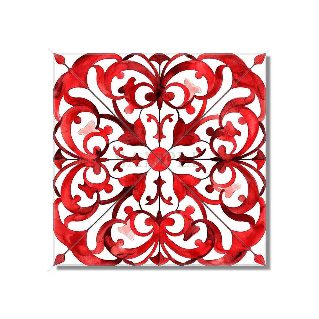 Red White Patterned Ceramic Tile - Unique Red Kitchen Backsplash Tile ...