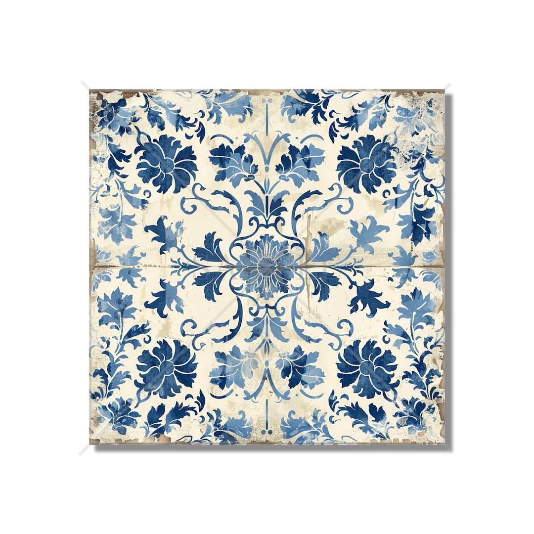 Blue Beige Ceramic Tile - Vintage French Floral Tile Design - Blue ...