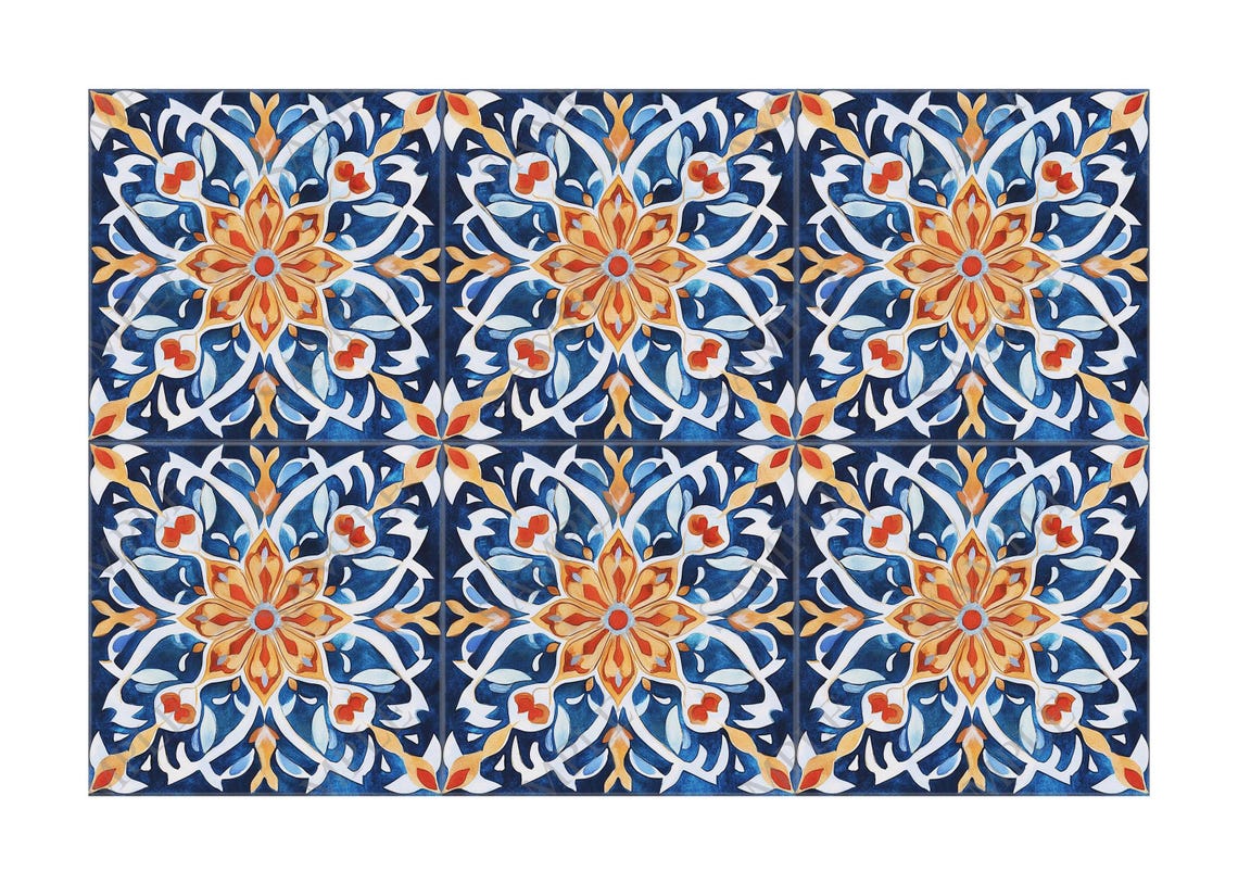 Blue and Orange Ceramic Tile - Vintage Moroccan Tile Design - Blue ...