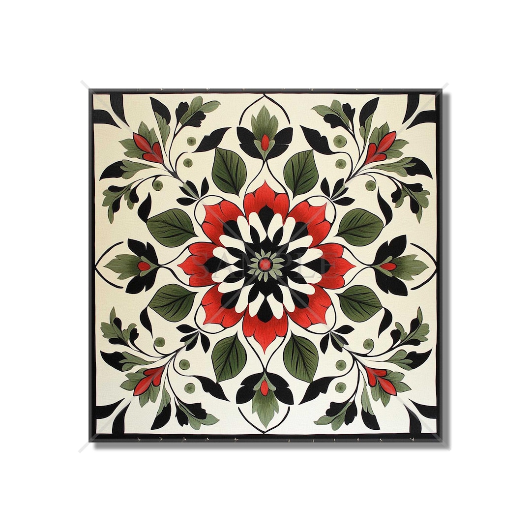 Red and Green Ceramic Tile - Vintage French Floral Design Tile ...