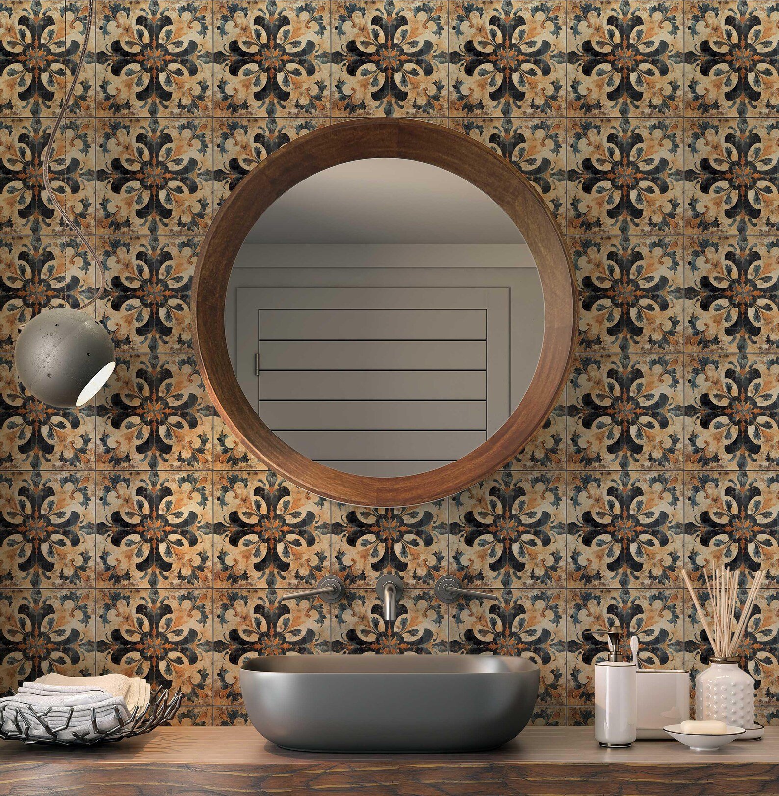 Black Tan Rust Ceramic Tile - Vintage French Tile Design - Black ...