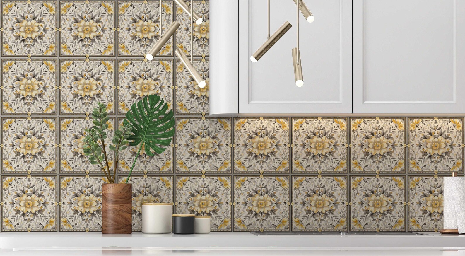 Yellow and Gray Ceramic Tile - Yellow Kitchen Tile - Floral Backsplash ...
