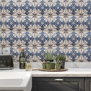 Blue Gold Ceramic Tile Vintage Design Blue Kitchen Tile Patterned ...