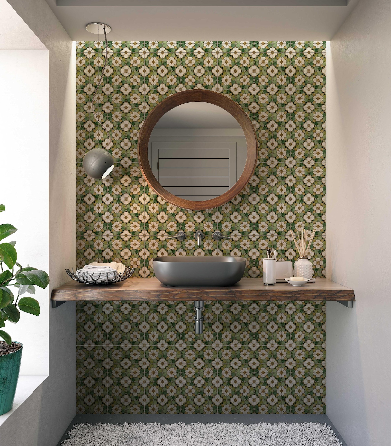 Ceramic Tile Green Patterned Vintage Floral Design Kitchen Backsplash ...