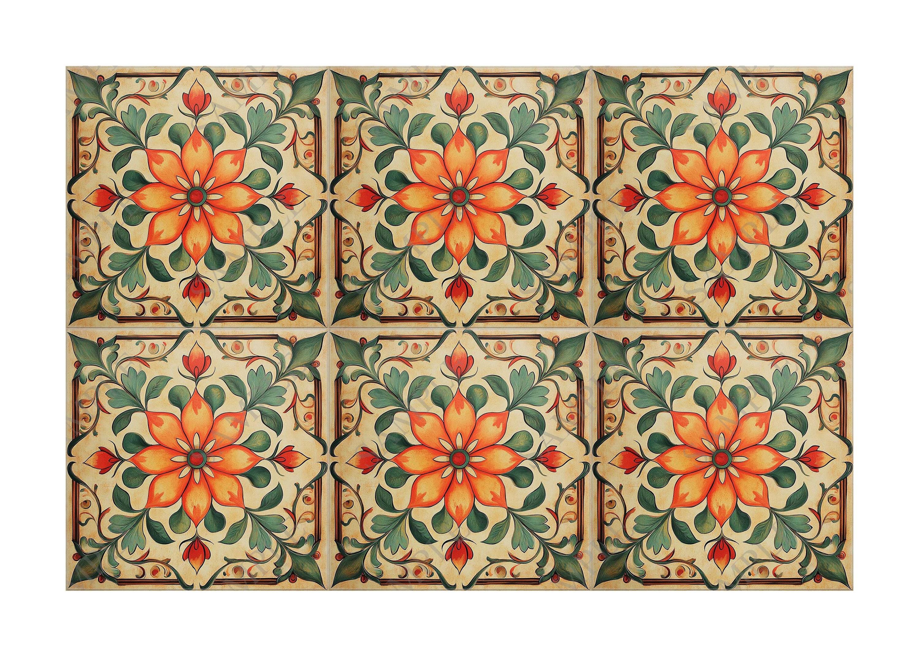 Ceramic Tile Orange Green Floral Vintage French Floral Design Tile ...