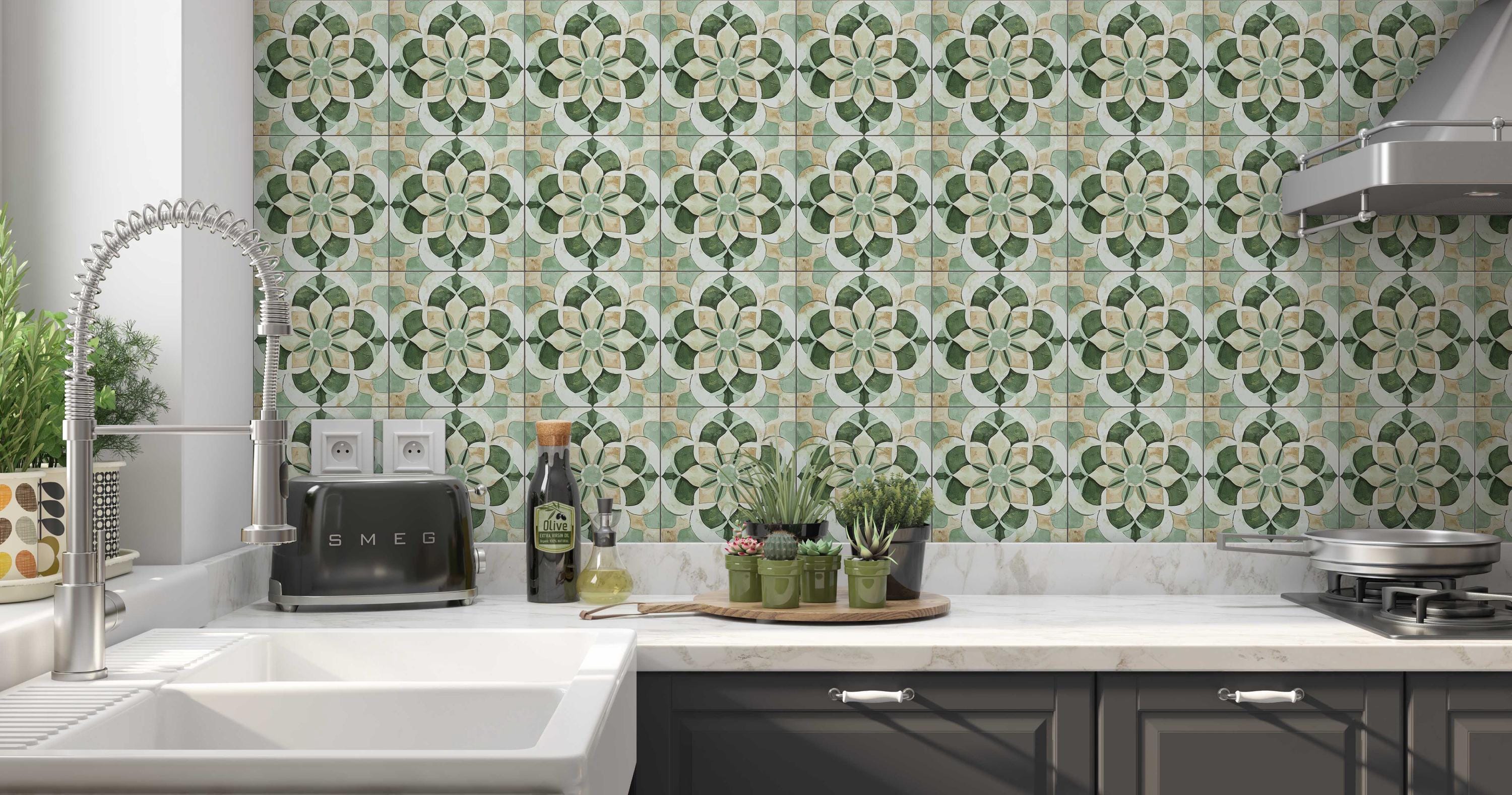 Aged Green Beige Ceramic Tile - Vintage Aged Design Tile - Unique Green ...