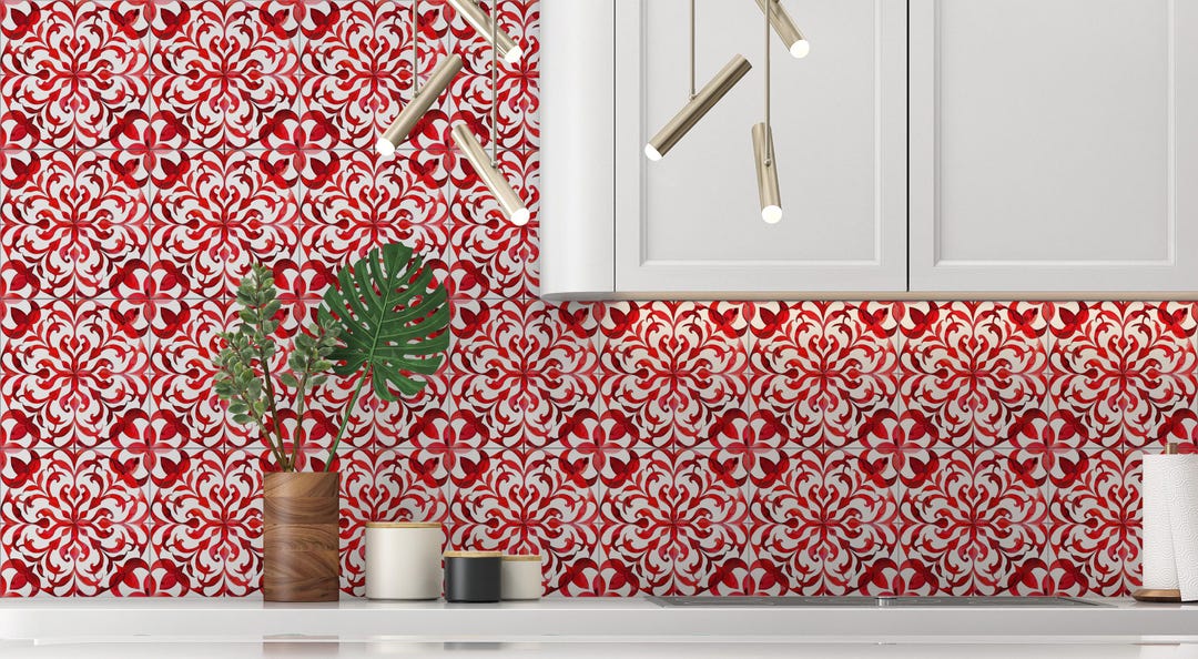 Red White Patterned Ceramic Tile Unique Red Kitchen Backsplash Tile Red ...