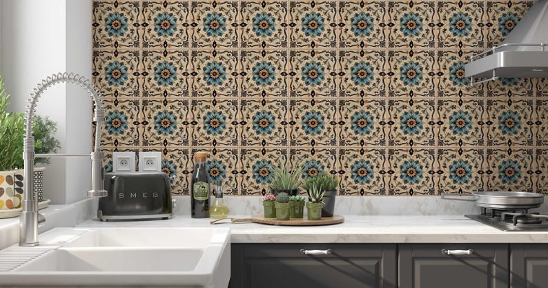 Blue Beige Floral Ceramic Tile - Vintage French Floral Design Tile ...