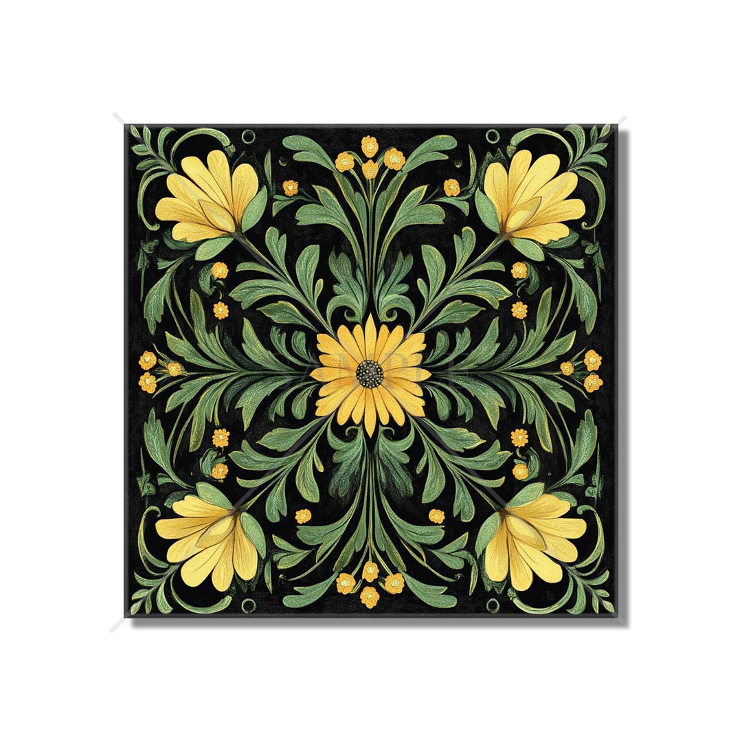 Yellow and Green Floral Ceramic Tile - Vintage French Floral Design ...