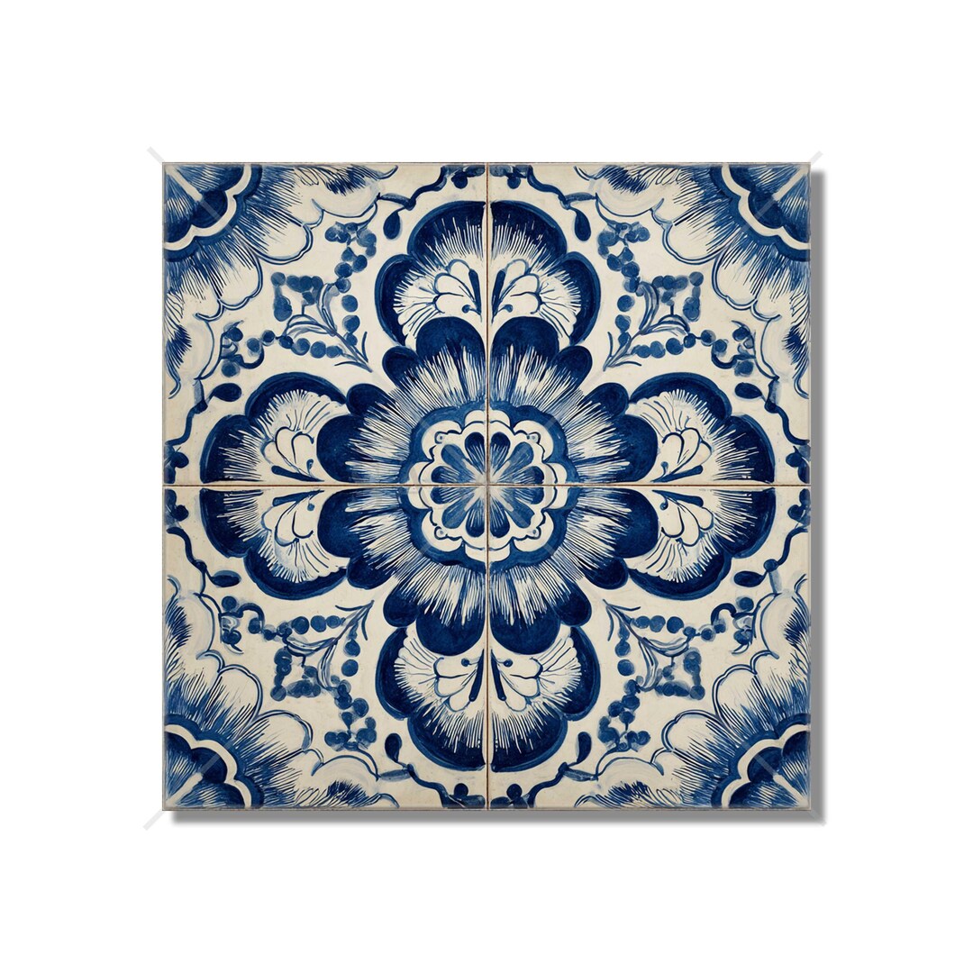 Blue Ceramic Tile Vintage Floral Design Tile - Blue Kitchen Backsplash ...
