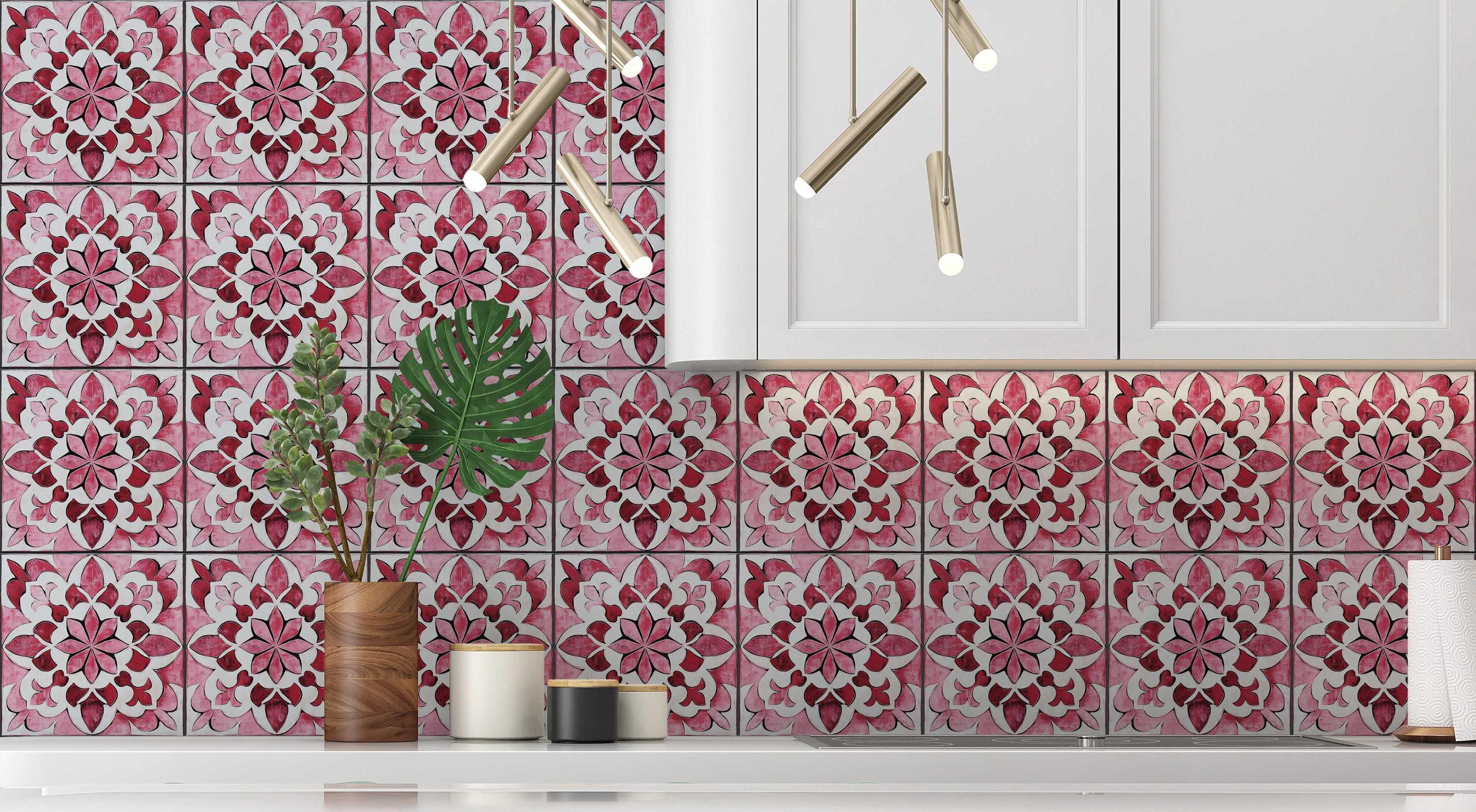 Pink Black Patterned Ceramic Tile - Unique Decorative Pink Kitchen ...