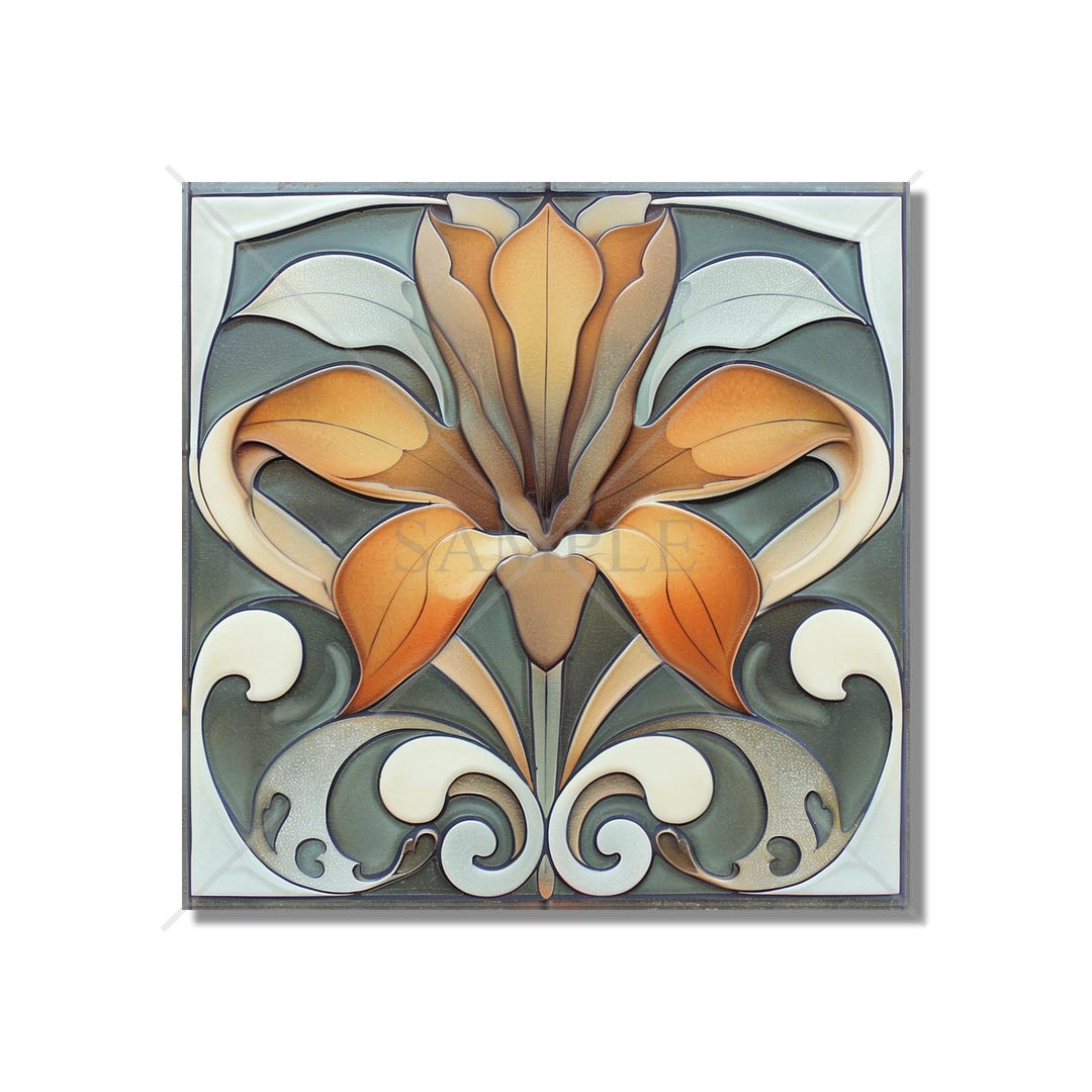 Lily Flower Ceramic Tile Art Deco - Art Nouveau Design Green Copper ...