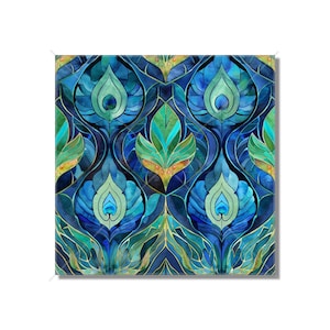 Blue Green Peacock Design Ceramic Tile Peacock Feather Tile Unique ...