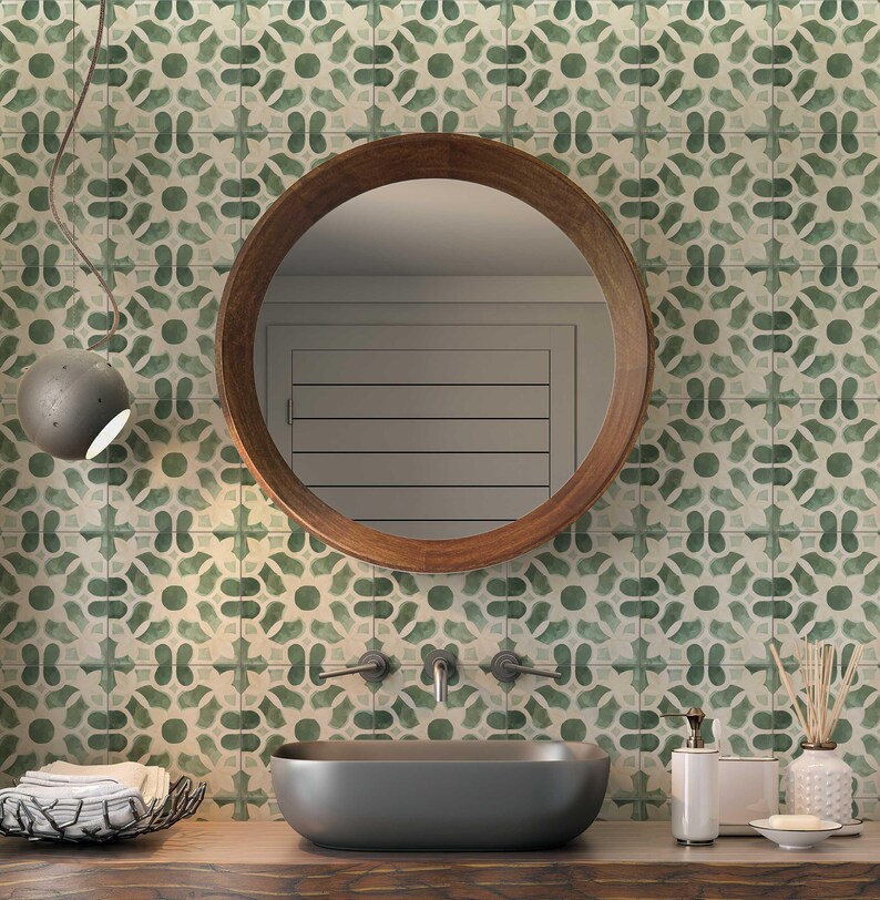 Green Patterned Ceramic Tile - Vintage Moroccan Design Green Kitchen ...