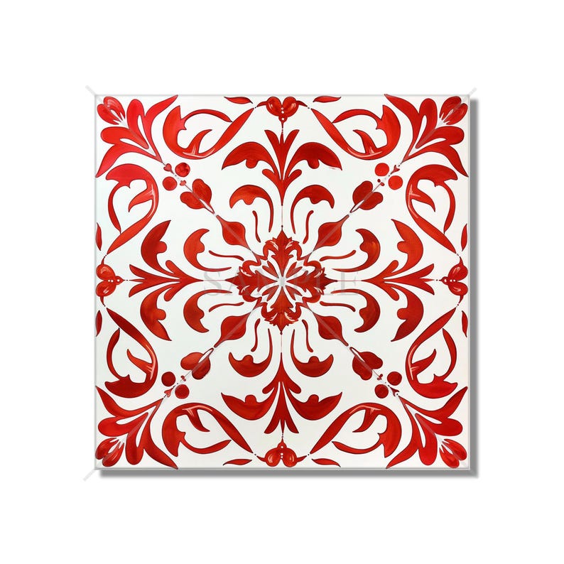 Red Patterned Ceramic Tile - Red Kitchen Backsplash Tile - Vintage ...