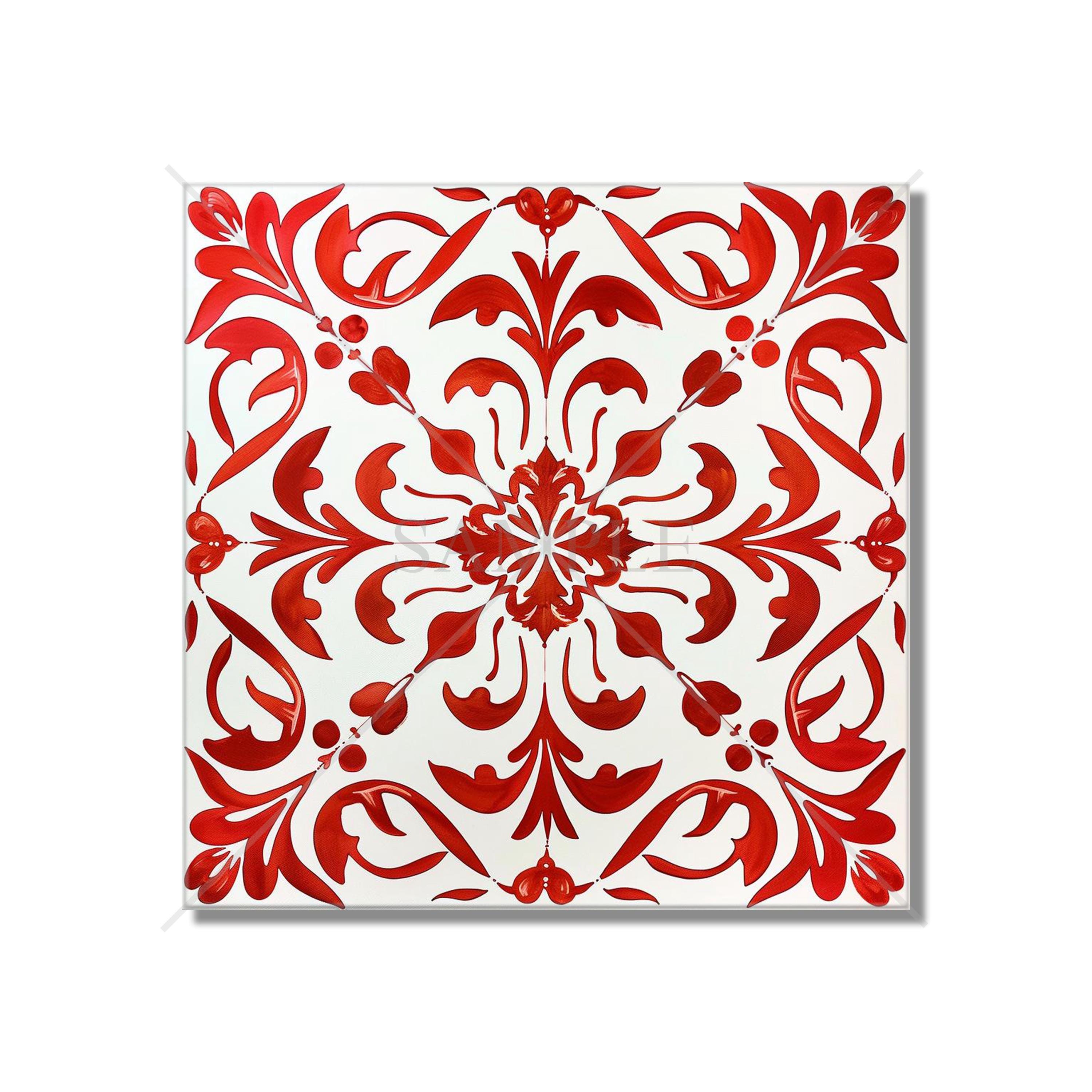 Red Patterned Ceramic Tile - Red Kitchen Backsplash Tile - Vintage ...