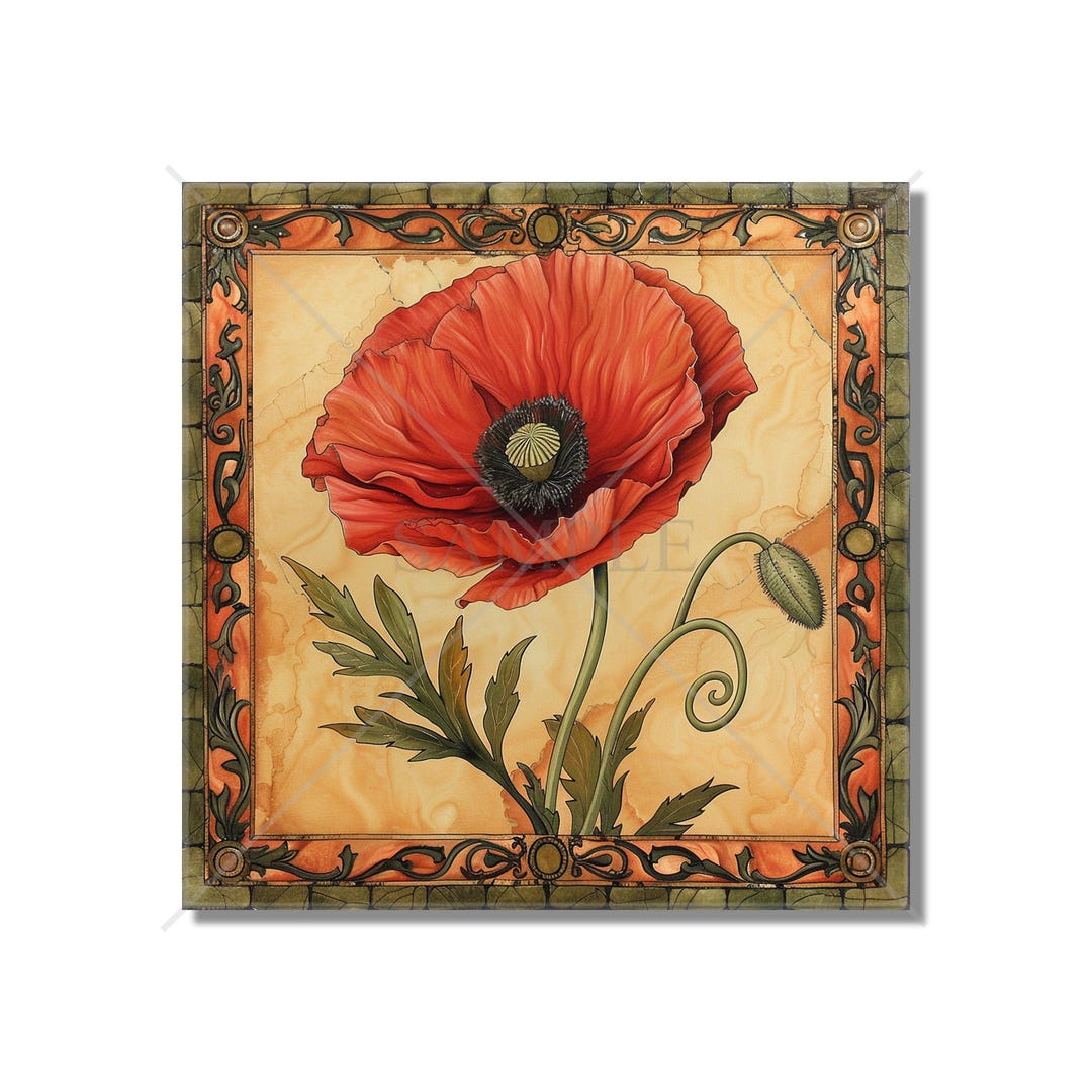 Poppy Flower Design Ceramic Accent Tile - Floral Design Kitchen Accent ...