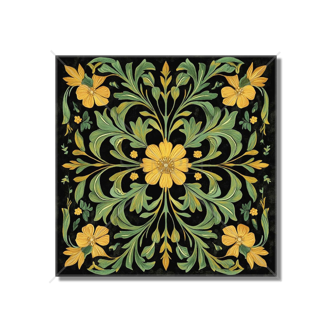 Yellow and Green Floral Ceramic Tile - Vintage French Floral Design ...