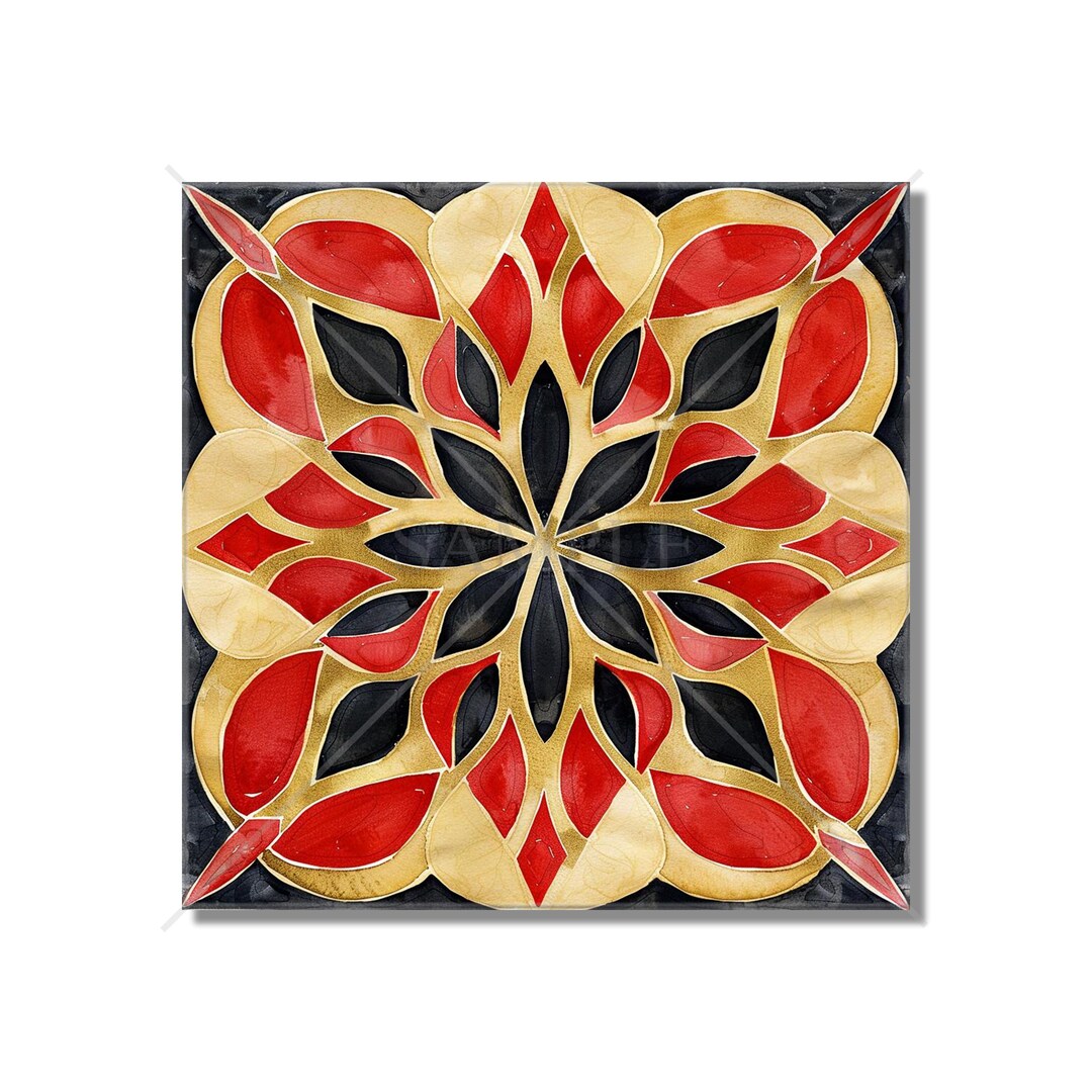 Red Black Gold Patterned Ceramic Tile - Red Kitchen Backsplash Tile ...