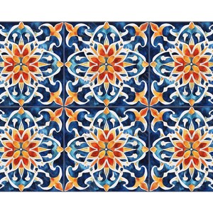 Blue and Orange Ceramic Tile - Vintage Moroccan Tile Design - Blue ...