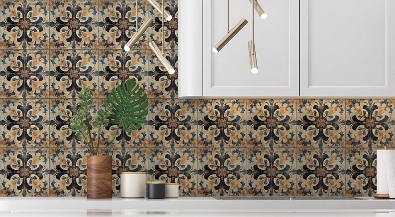 Black Tan Rust Ceramic Tile - Vintage French Tile Design - Black ...