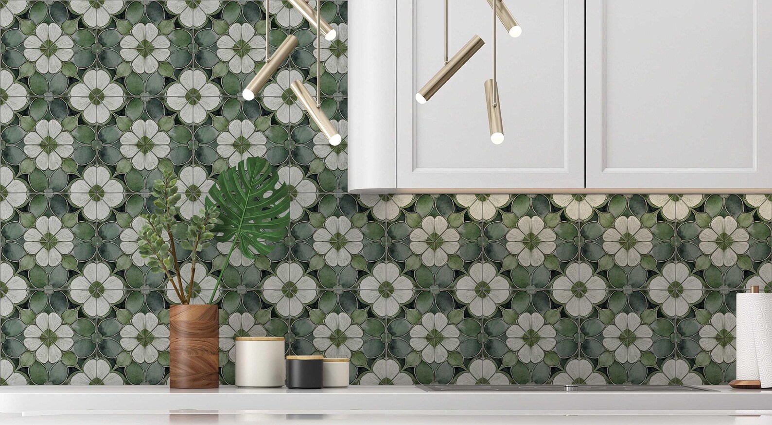 Ceramic Tile Green Patterned Vintage Floral Design Kitchen Backsplash ...
