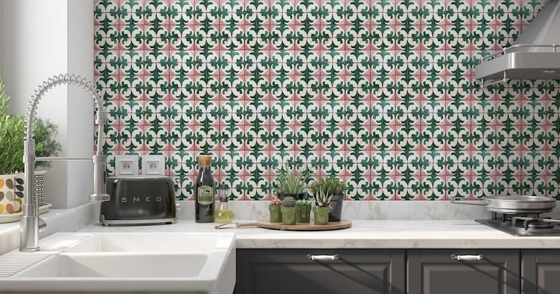 Pink and Green Patterned Ceramic Tile - Vintage Moroccan Tile Design ...