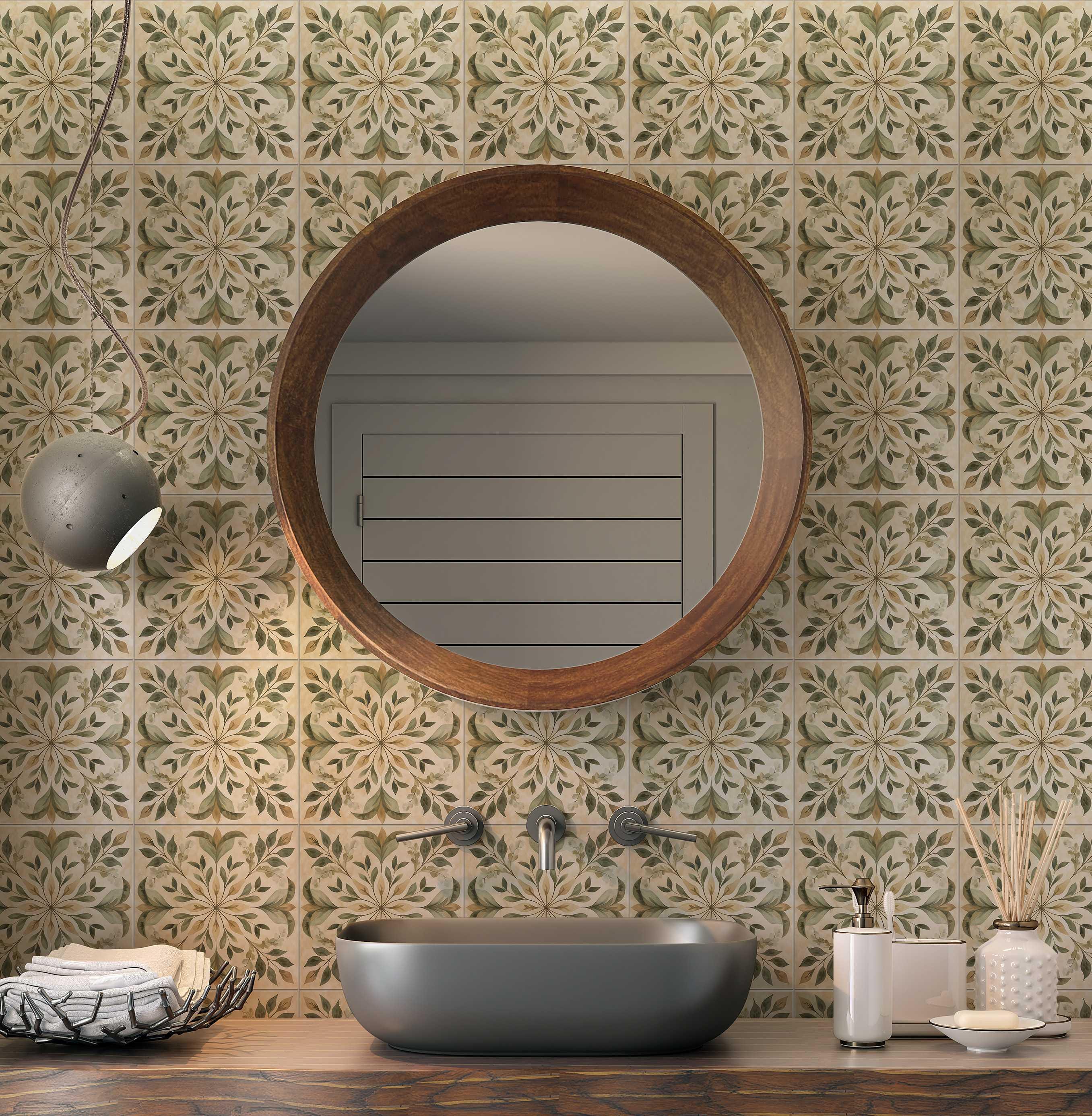 Green Beige Botanical Ceramic Tile Patterned Kitchen Backsplash Tile ...
