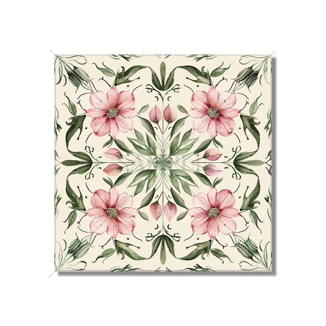 Pink and Green Floral Ceramic Tile - Cottage Kitchen Backsplash Tile ...