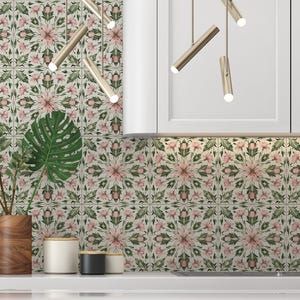 Pink and Green Floral Ceramic Tile - Cottage Kitchen Backsplash Tile ...