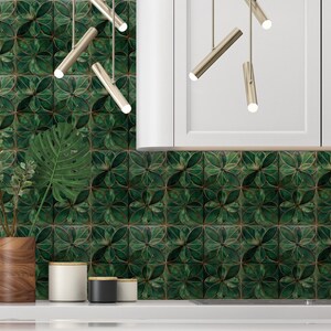 Dark Green Patterned Ceramic Tile - Green Kitchen Backsplash Tile ...