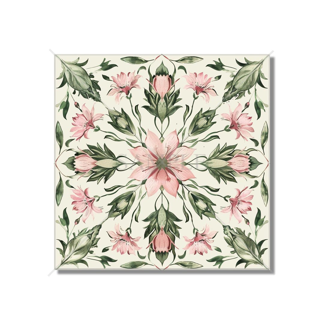 Pink and Green Floral Ceramic Tile - Cottage Kitchen Backsplash Tile ...