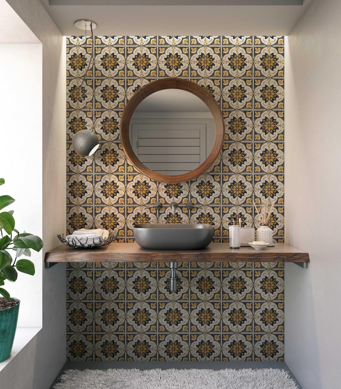 Yellow and Gray Ceramic Tile Vintage Moroccan Design Yellow Kitchen ...