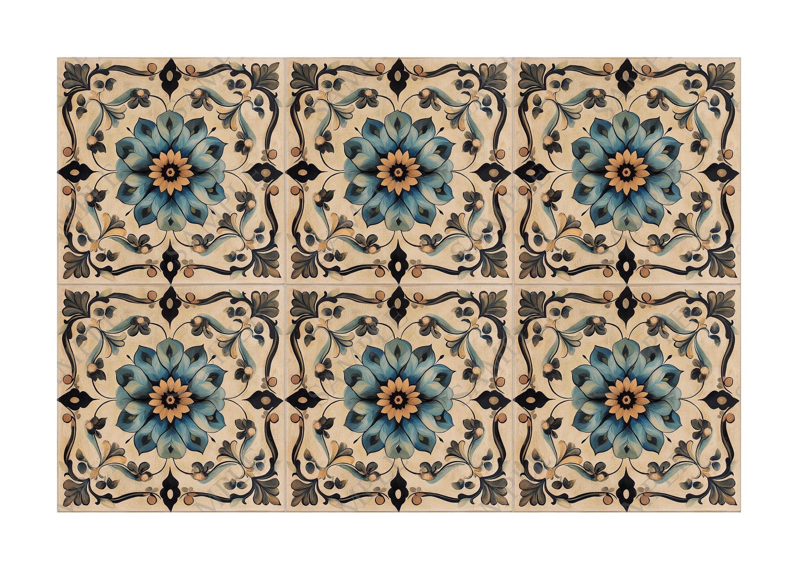 Blue Beige Floral Ceramic Tile - Vintage French Floral Design Tile ...