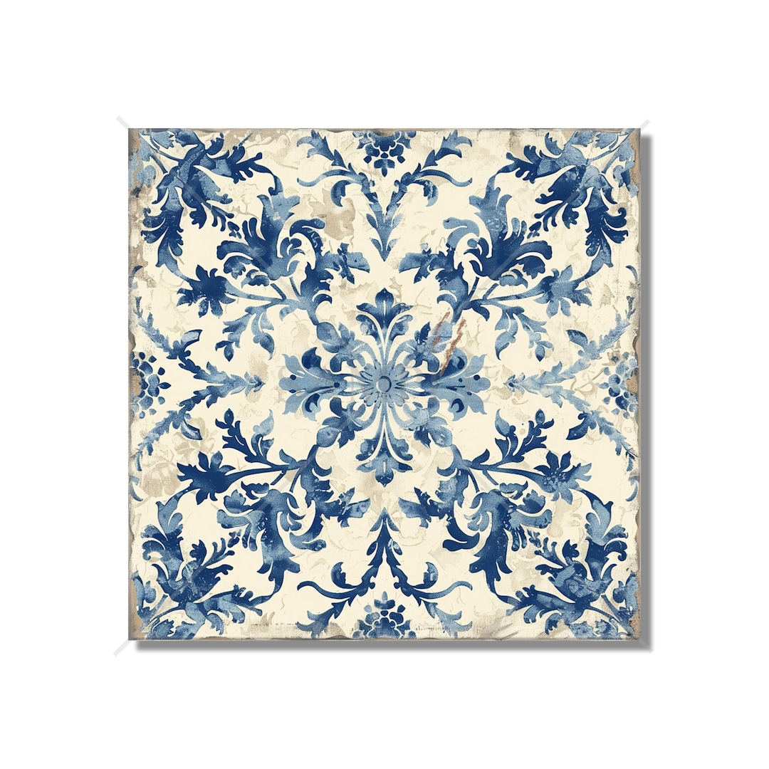Blue Beige Ceramic Tile - Vintage French Floral Tile Design - Blue ...