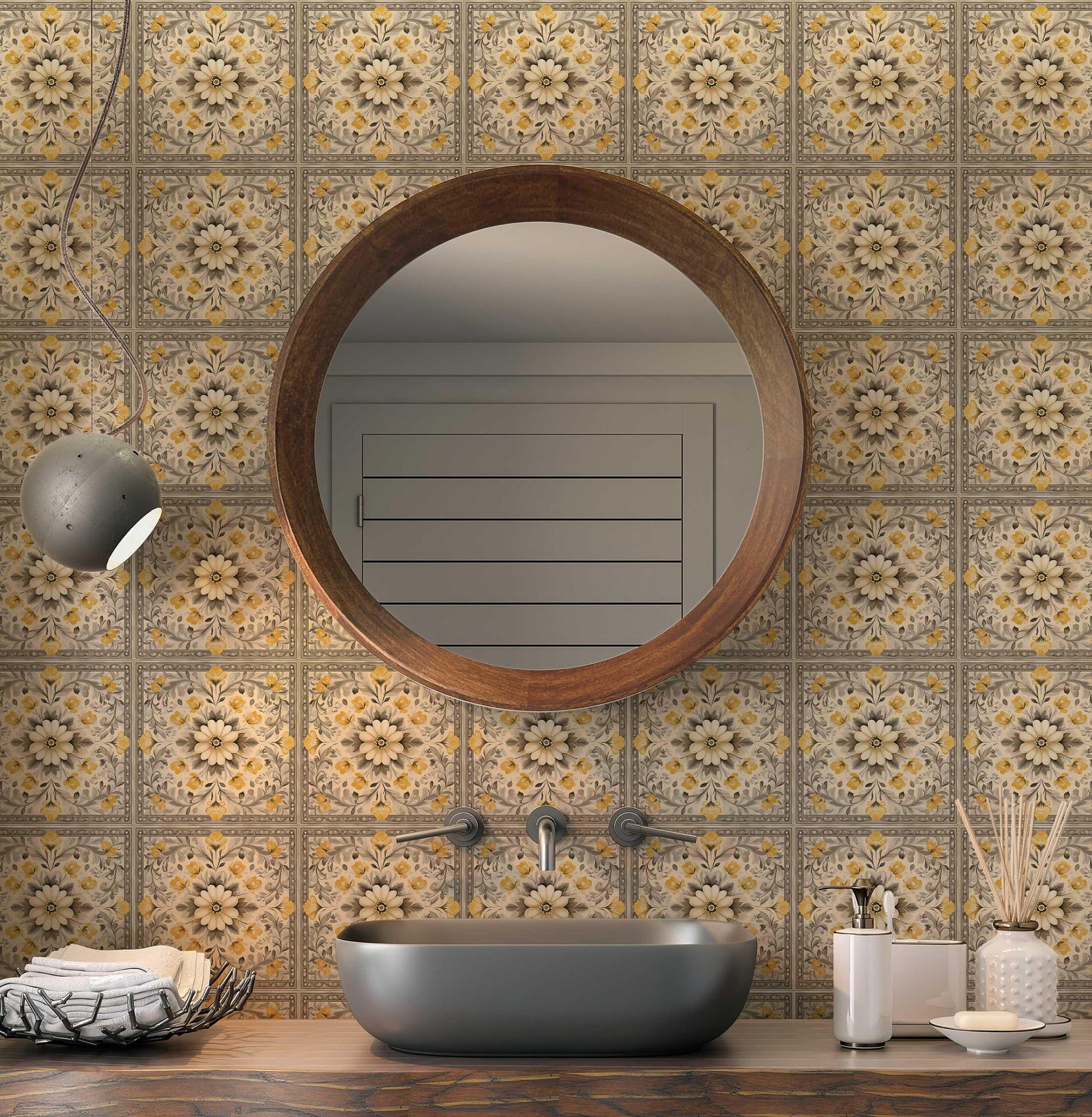 Yellow and Gray Ceramic Tile - Yellow Kitchen Tile - Floral Backsplash ...