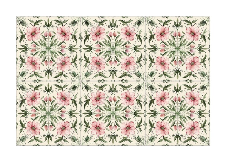 Pink and Green Floral Ceramic Tile - Cottage Kitchen Backsplash Tile ...