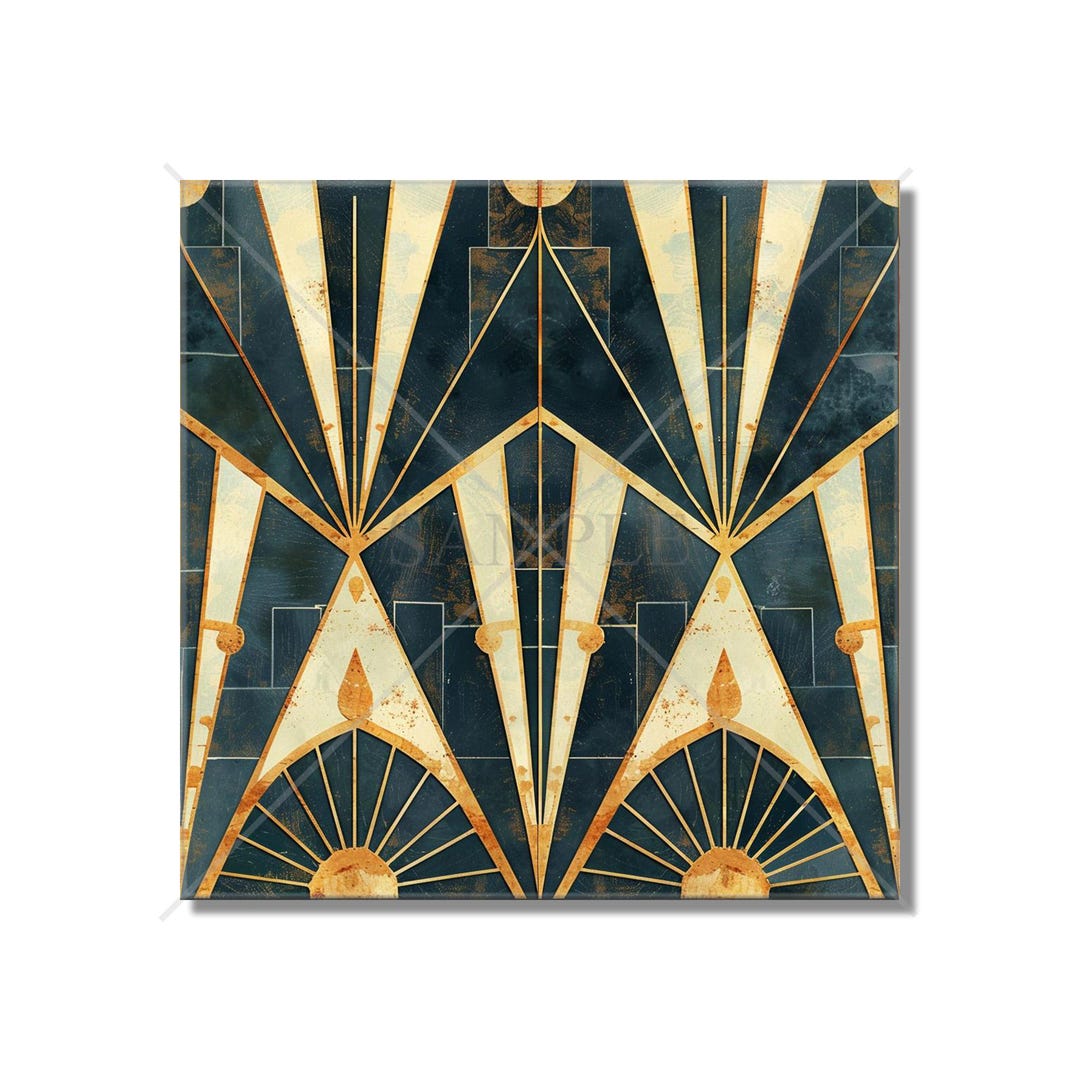 Vintage Art Deco Design Ceramic Tile Dark Blue Black and Gold Tones Art ...