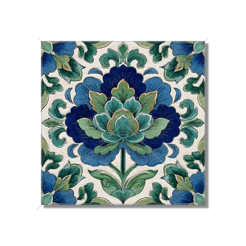 Blue and Green Ceramic Tile - Vintage Floral Design Tile - Kitchen ...