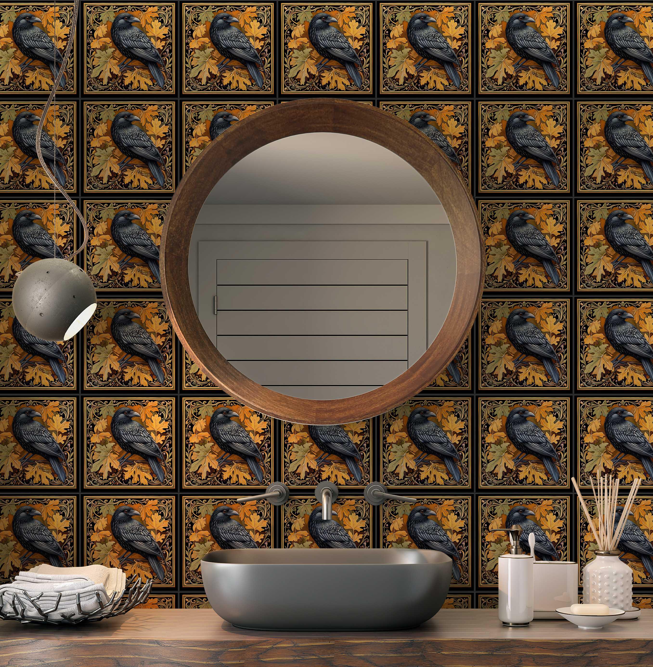 Raven Bird Ceramic Tile - Witchy Home Decor Raven Design Wall Tiles ...