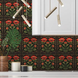 Red and Green Floral Ceramic Tile Vintage Poppy Flowers Design Tile ...
